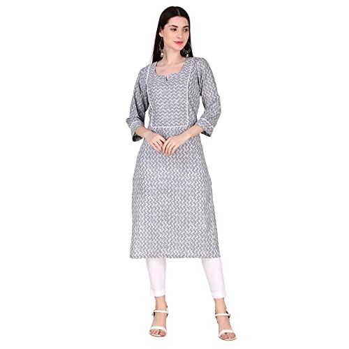ladyline Traditional Printed 100% Cotton Kurtis for Women with Lace work Tunic Top (CPK LLJP) (46/Gray)