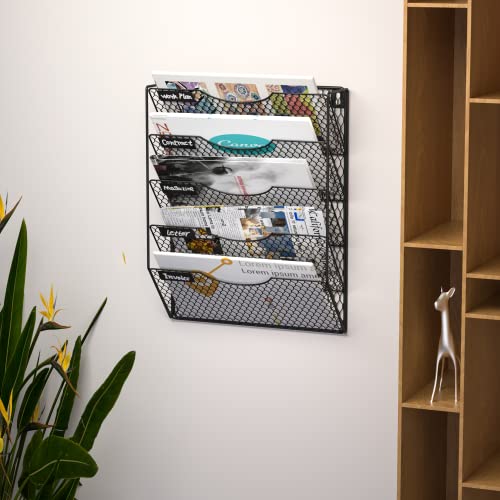 BSJYMJIAJU 5 Slots Arc Wall File Holder Wall Mount Magazine Rack Hanging Mail Organizer Metal Wire Mesh Wall Mount Mail Literature Organizer for Home and Office (Black)