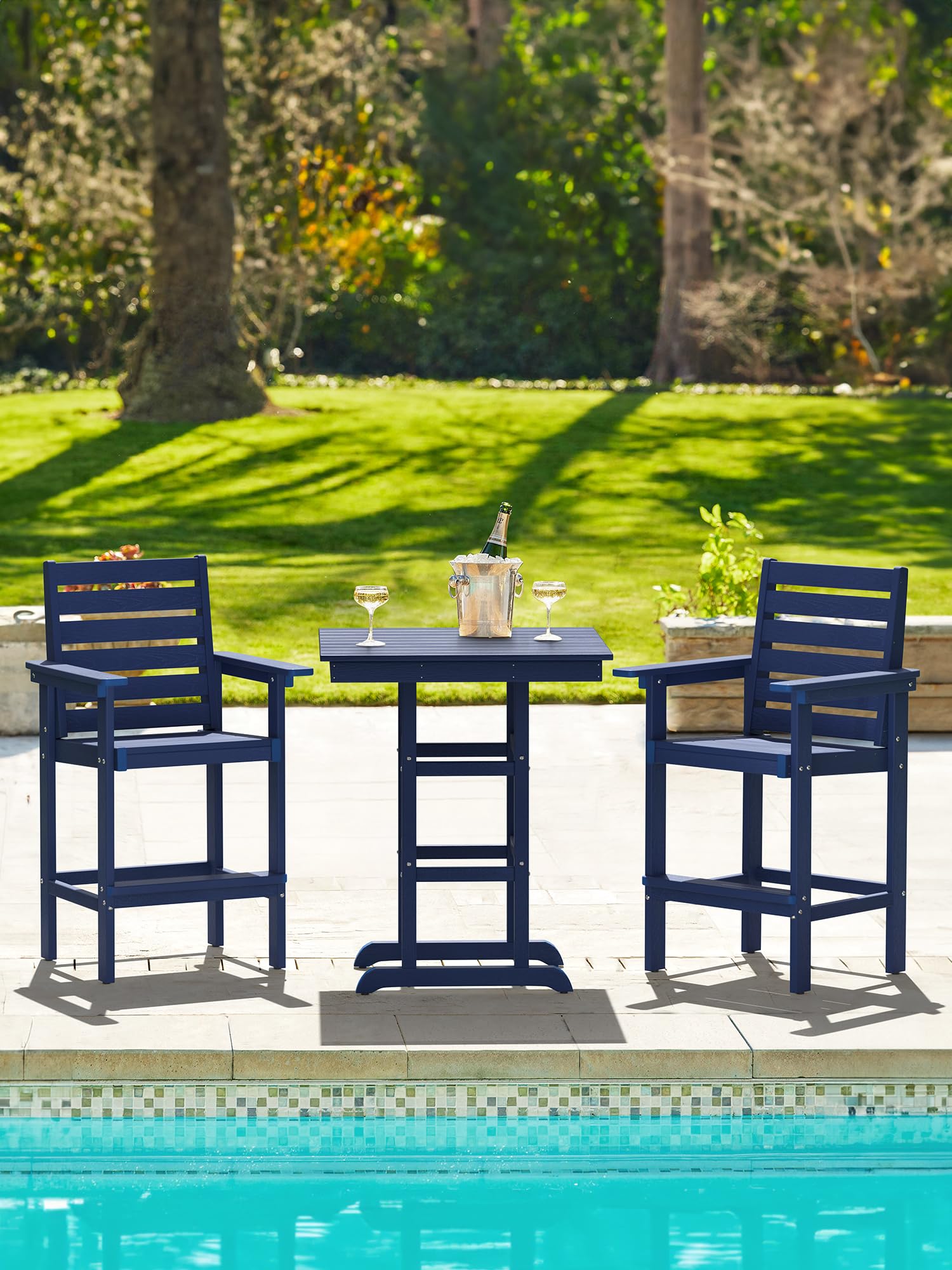 Homenjoy Outdoor Bar Set for 2 Persons, HDPE Weather Resistant Bar Height Patio Set, Patio Square Bar Pub Table and Chairs with Armrest, Bar Table Set for Deck Pool Backyard Balcony, Navy