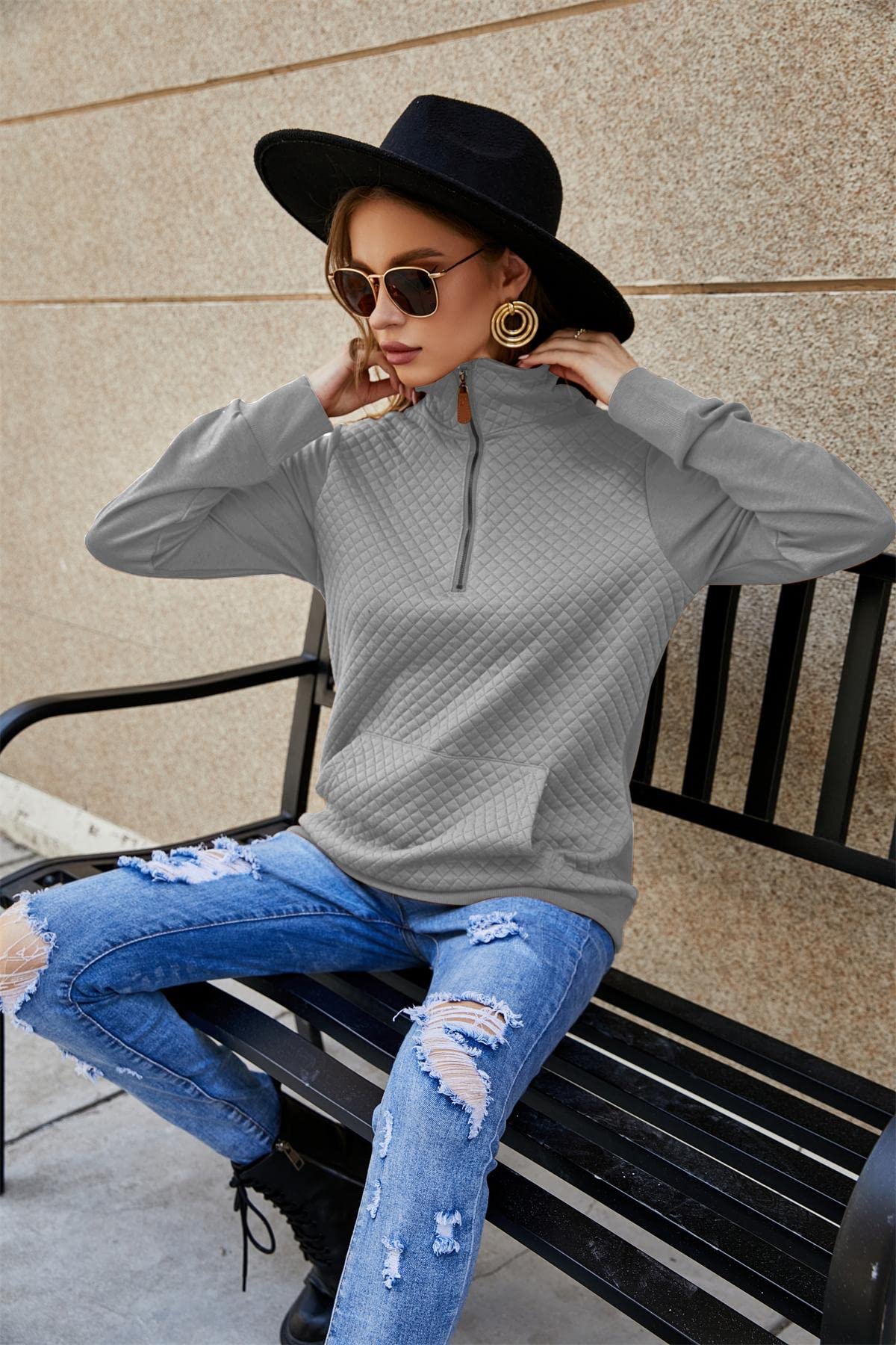 Chuanqi Womens Quilted Sweatshirts Casual Zipper Long Sleeve Outdoor Stand Collar Pullover Tops