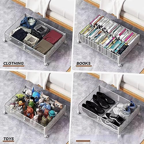 Femococ Under Bed Storage with Wheels, 2 Pack Under Bed Storage Containers Foldable Under Bed Wheeled Storage Space-Saving Solution for Shoes, Clothes & Blankets - White