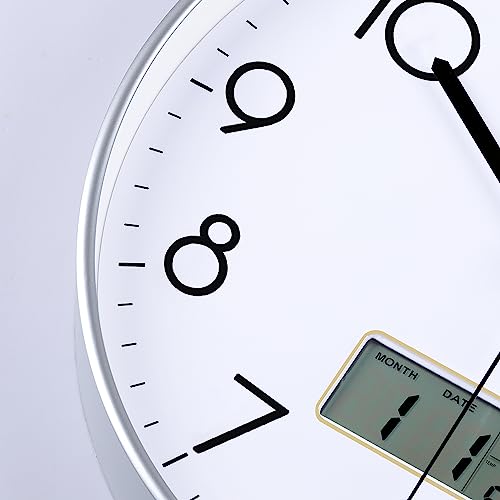 Lafocuse Silver Wall Clock with Date,Month,Day of Week and Temperature, Silent Non-Ticking Battery Operated Clock for Living Room Bedroom Office Decor