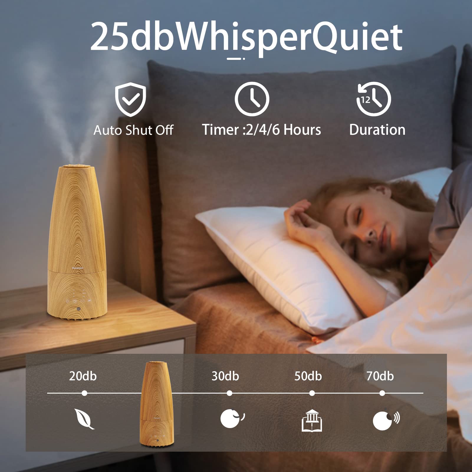 Cool Mist Humidifier,Elecameier Warm and Cool Mist Humidifier for Home/Bedroom with Remote Control Smart Air Humidifier for Desk/Office/Baby Bedroom 25dB Whisper Quiet with Auto Shut off light wood