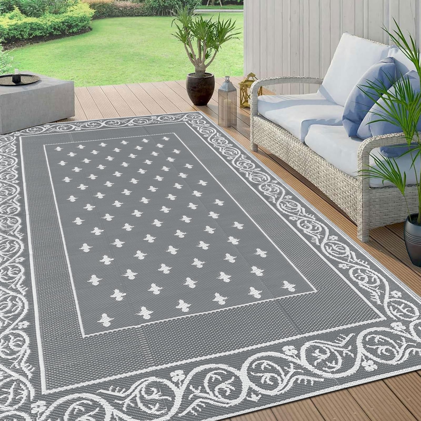 Bsmathom Reversible Outdoor Rugs Patio Rug 6'x9', Waterproof Plastic Straw Rug for Patios Clearance, RV Camping Rug Indoor Outdoor Area Rug for for Picnic, RV, Deck, Backyard, Balcony(Grey,6'x9')