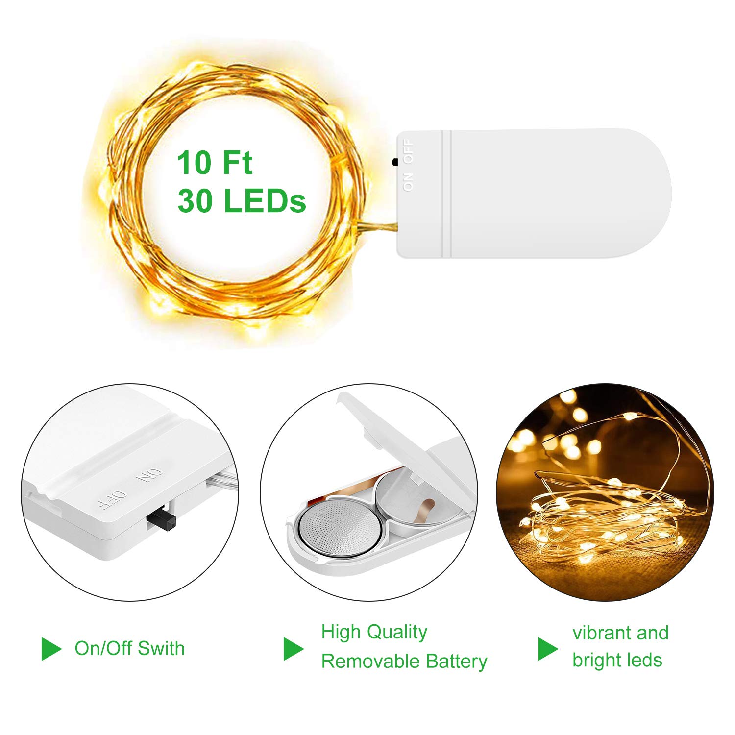CLY 10ft 16 Pack Fairy Lights, 30 LEDs Waterproof Outdoor Copper Wire String Lights, Battery Operated (Included) Firefly Starry Lights for DIY, Christmas, Mason Jars, Wedding, Party (Warm Light)