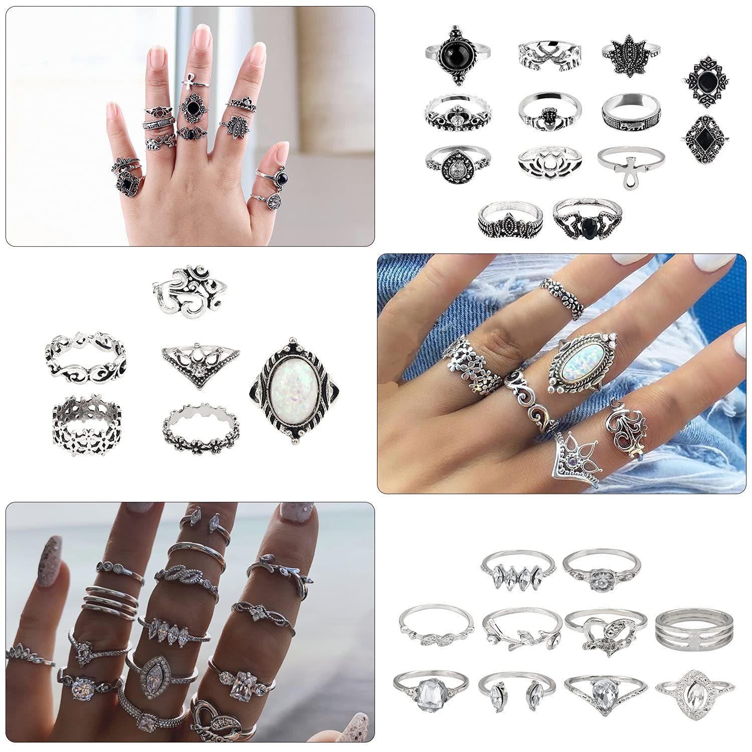 CLOYAN 99 Pcs Knuckle Rings for Women Cool Silver Rings Set Bohemian Goth Vintage Hippie Stackable Crystal Jewelry Accessories