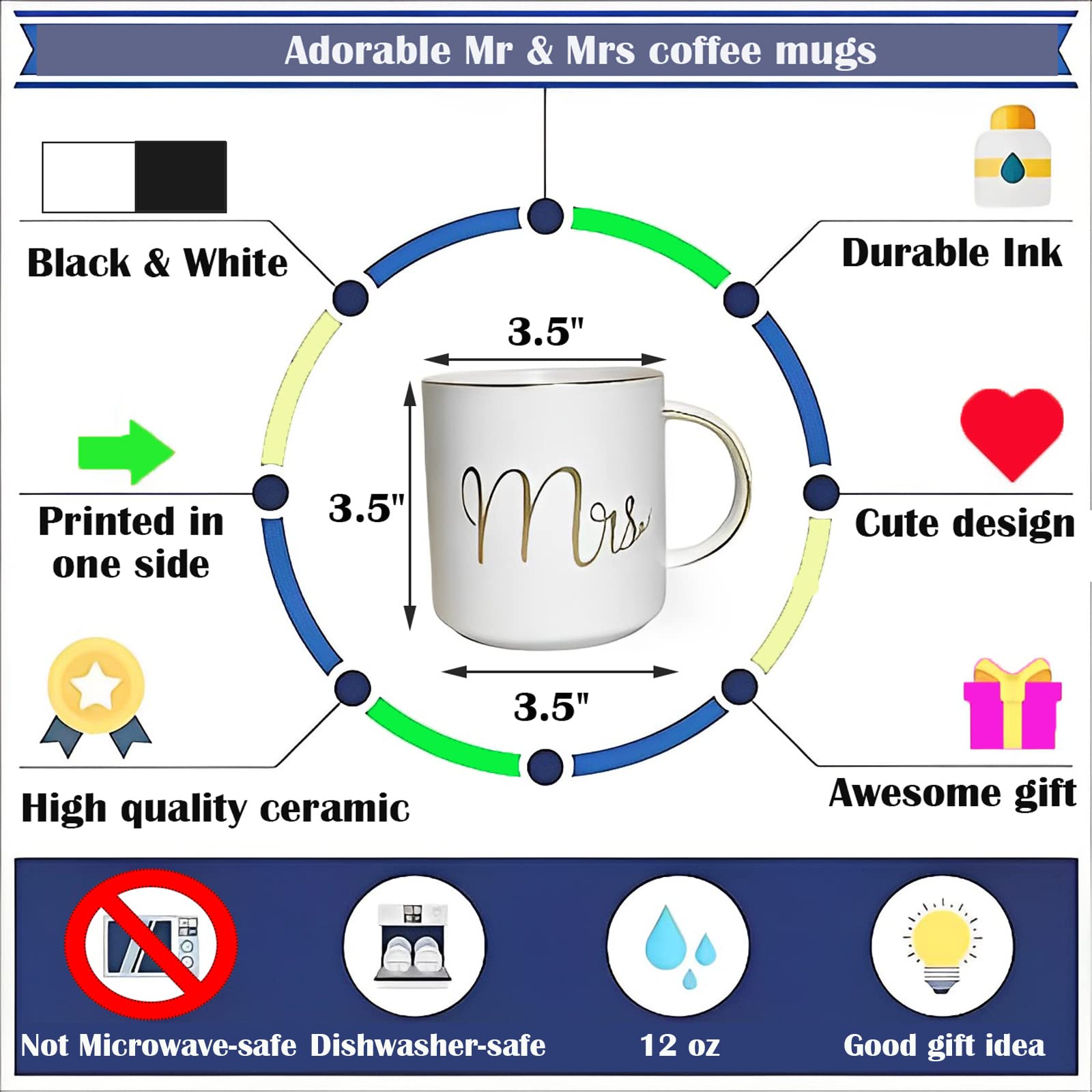 Cheardia 12 oz Mr and Mrs Mugs, Ceramic Coffee Mug Set Engagement Gifts for Couples, His and Hers Mugs for Bride and Groom, Anniversary, Valentines, Bridal Shower, Wedding, Black & White