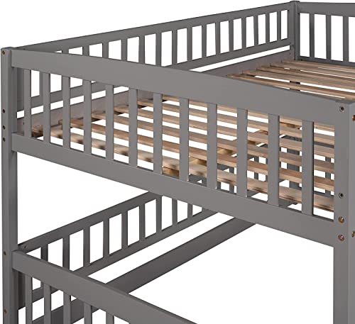 Harper & Bright Designs Low Bunk Beds Full Over Full, Wood Kids Bunk Bed with Slide, Fence and Ladder, Full Size Bunk Beds for Girls Boys, Grey