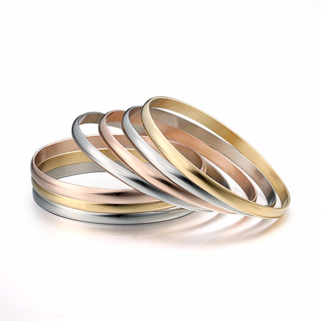 Castillna Tri-Color Silver Gold Rose Gold Bangle Bracelets for Women Christmas Birthday Gifts, 9 Inches