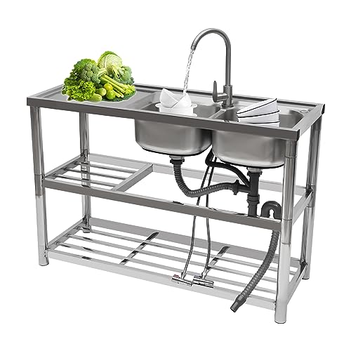 Commercial Restaurant Sink,304 Stainless Steel Utility Sink Kitchen Bowl Sink,with Double Storage Shelves&Drainer Unit Faucet Combo with Strainer (Double Bowl)