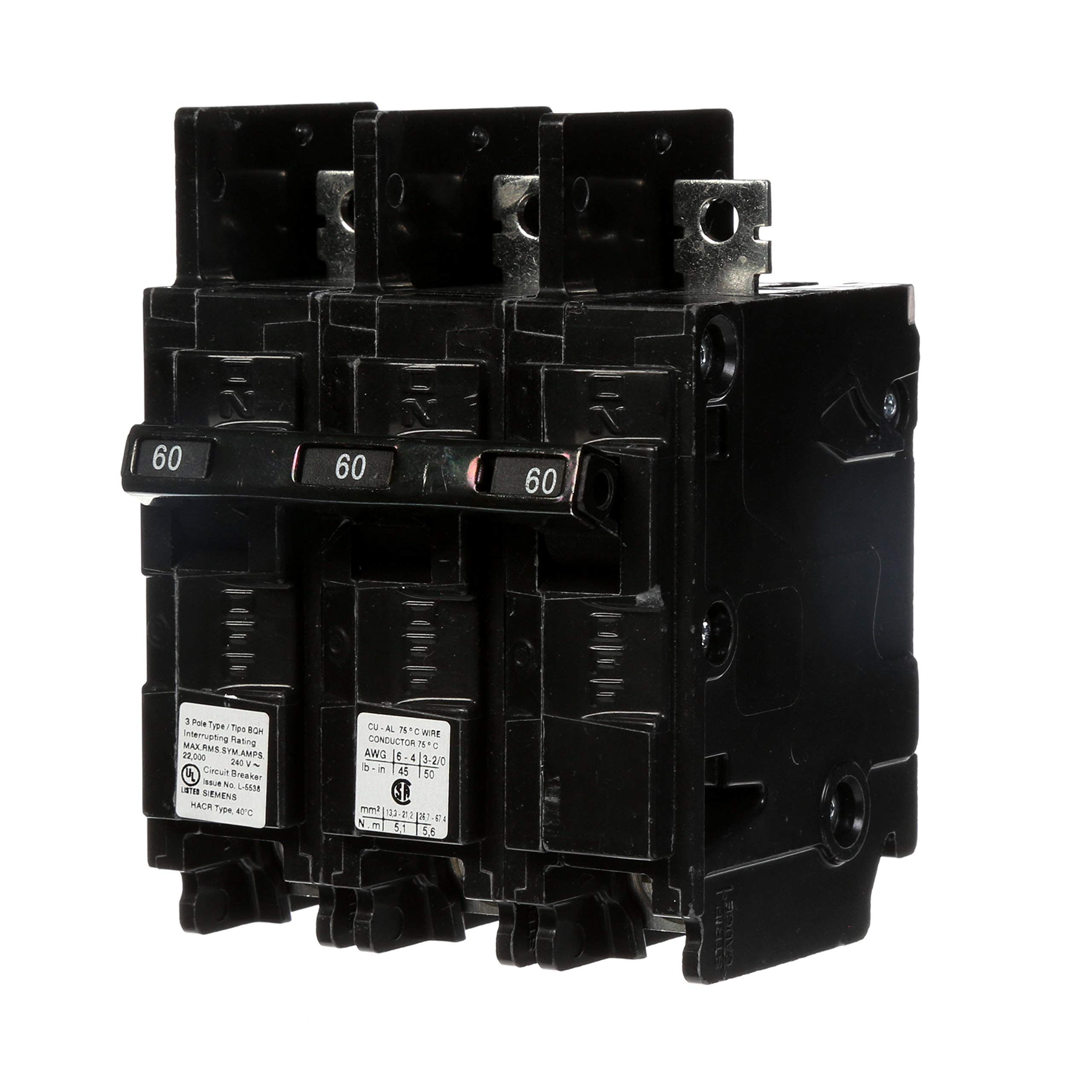Siemens BQ3B060H 60-Amp Three Pole 240-Volt 22KAIC Lug In/Lug Out Breaker