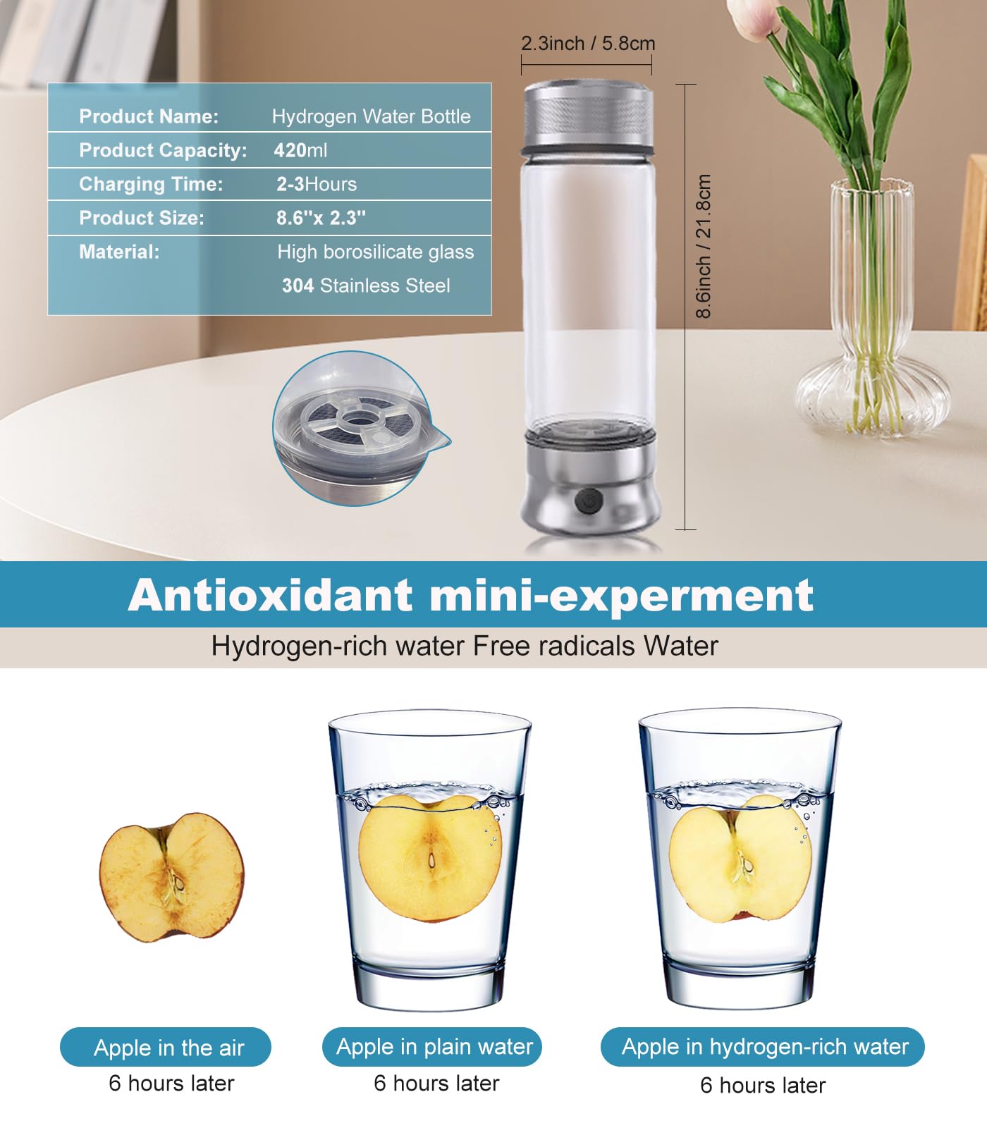 Hydrogen Water Bottle,Hydrogen Water Bottle Generator with Time Reminder Stickers,Rechargeable Portable Glass Hydrogen Water Ionizer Machine for Home Office Travel