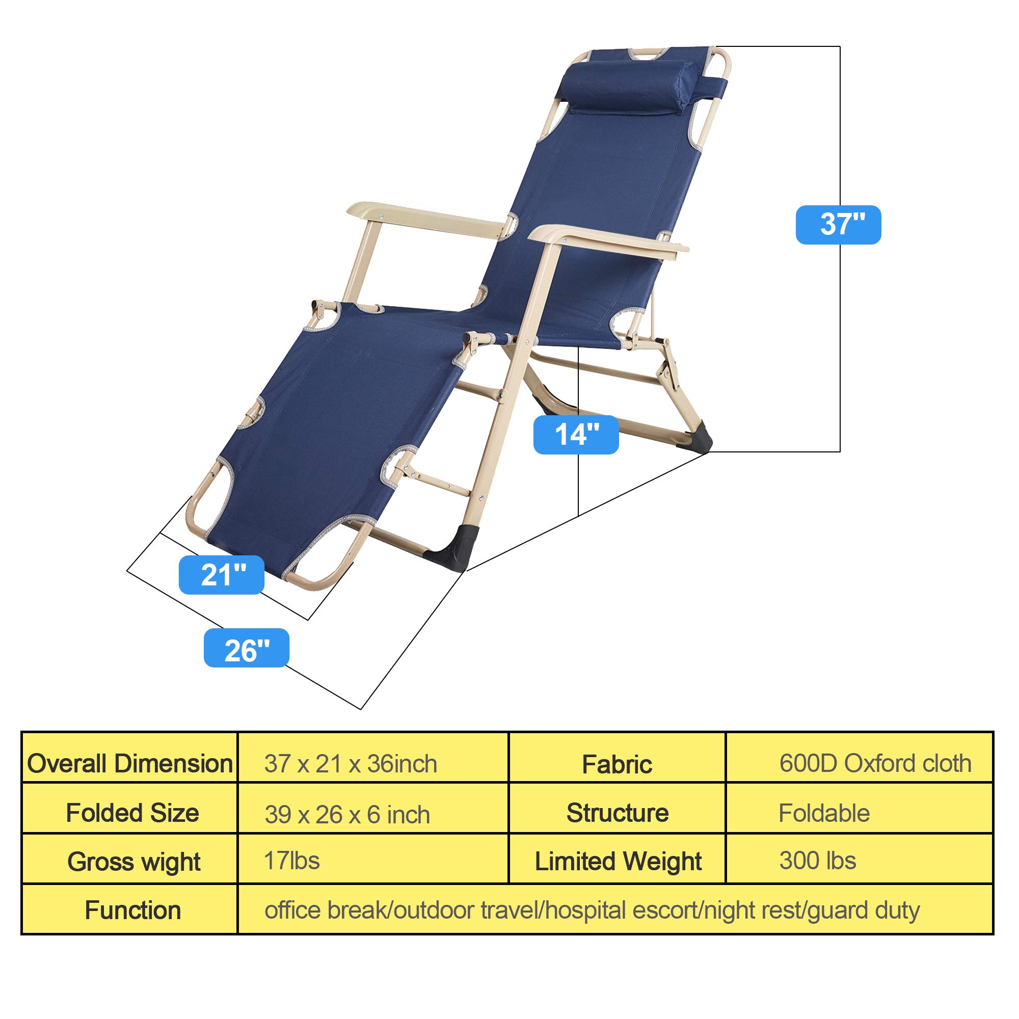 Livebest Folding Lounge Chair Set of 2 Patio Chaise Lounge Chairs, Lay Flat Sun Lounger for Outdoor Patio Lawn Beach Pool Deck Sunbathing, Camping,Supports 300lbs,Dark Blue(2 Pack)