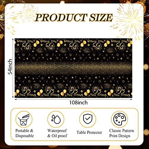 Remagr 3 Pack 50th Happy Birthday Tablecloth Disposable Plastic Table Cover Rectangular Black and Gold Cloths for Parties Decoration Supply Men Women Birthday, 54 x 108 Inch(50th), 54'' 108''