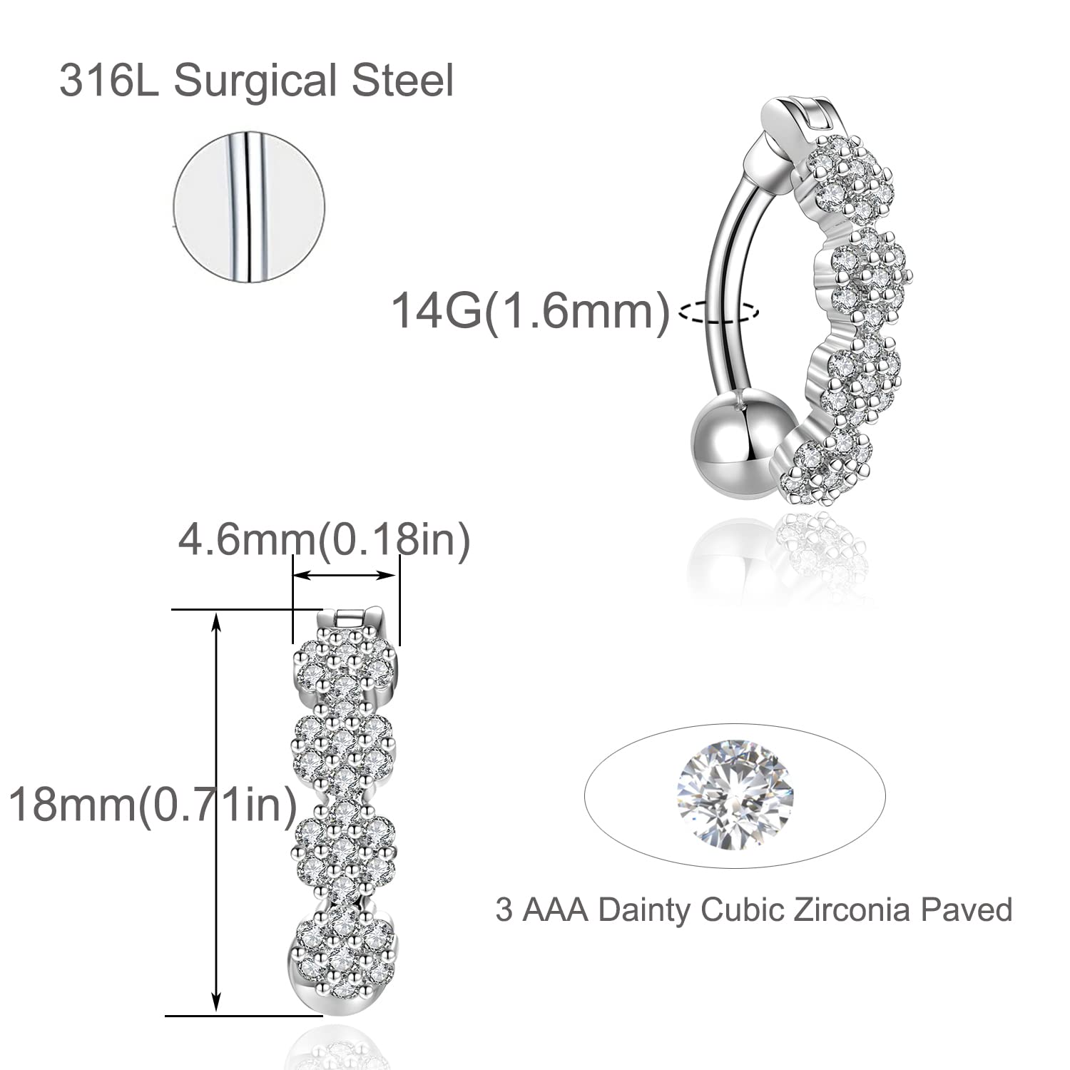 CANDYFANCY 14G Surgical Steel Reverse Belly Button Rings CZ Drop Navel Rings For Women Belly Piercings Jewelry