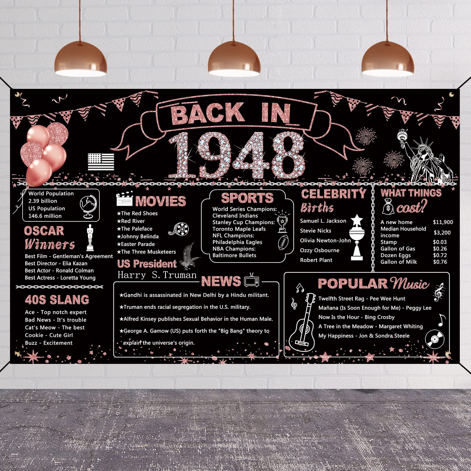 DARUNAXY 76th Birthday Rose Gold Party Decoration, Back in 1948 Banner for Women 76 Years Old Birthday Photography Background Vintage 1948 Poster Backdrop for Girls 76th Class Reunion Party Supplies