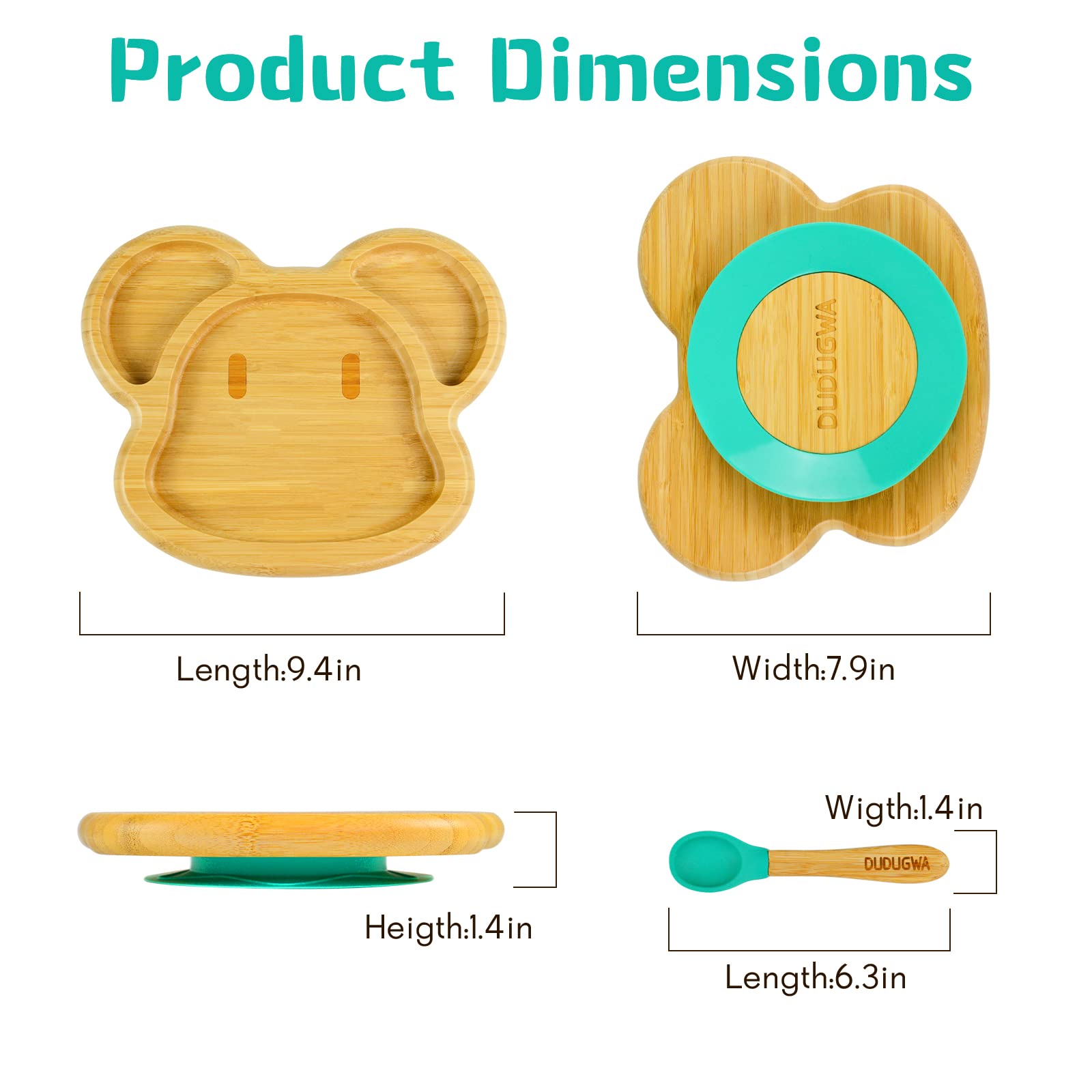 DUDUGWA Bamboo Baby Plates, Bamboo Suction Plates for Babies, Removable Silicone Suction Cup for Kids and Toddlers with Spoon, 6 Months and Older,Bear Plates