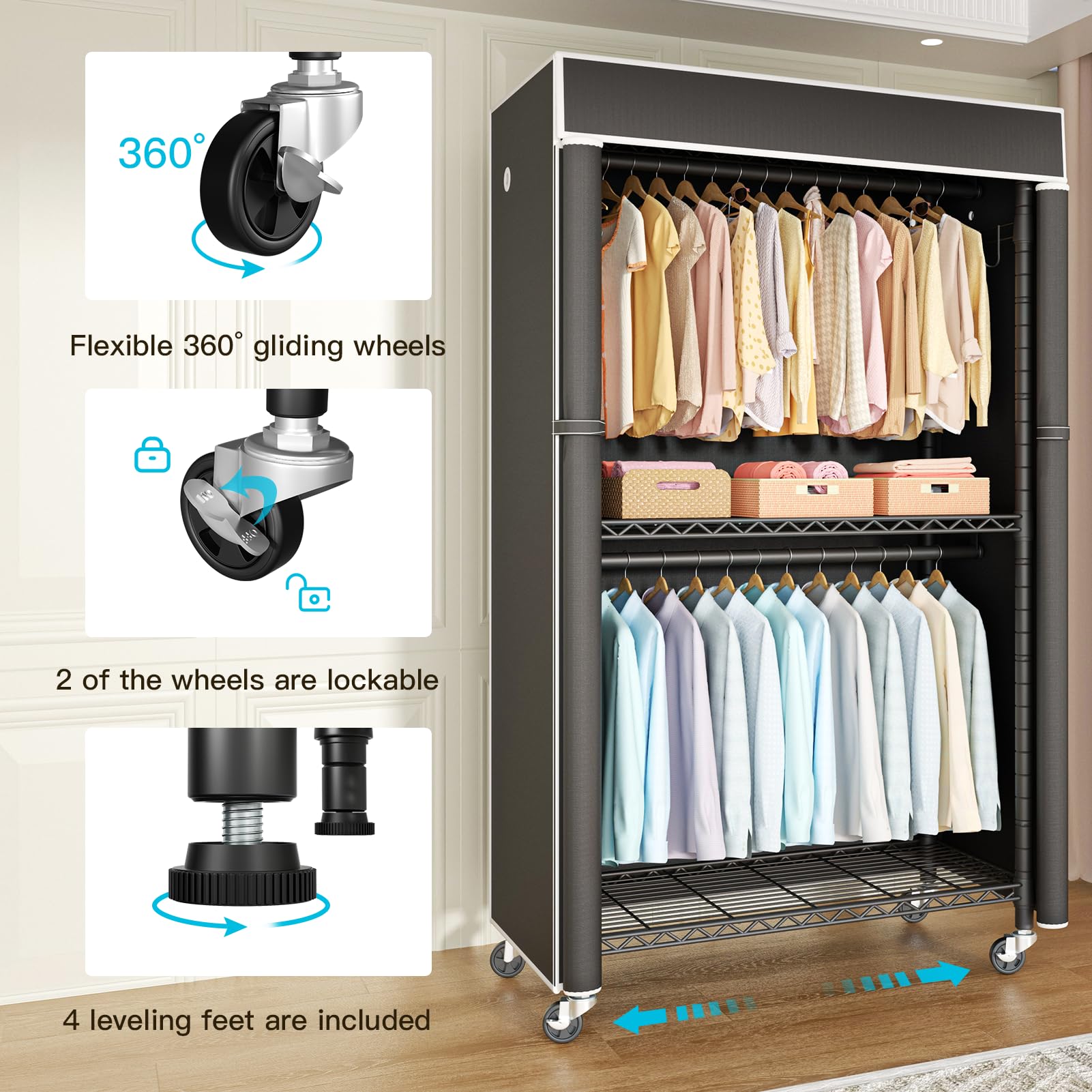 FUTASSI Black Clothing Rack with Black Cover, P1C Rolling Closet Rack with Wheels, Metal Garment Rack for Hanging Clothes, Clothing Storage Wardrobe, 36.2" W x 16.5" D x 78.7" H, Load 450 Pounds