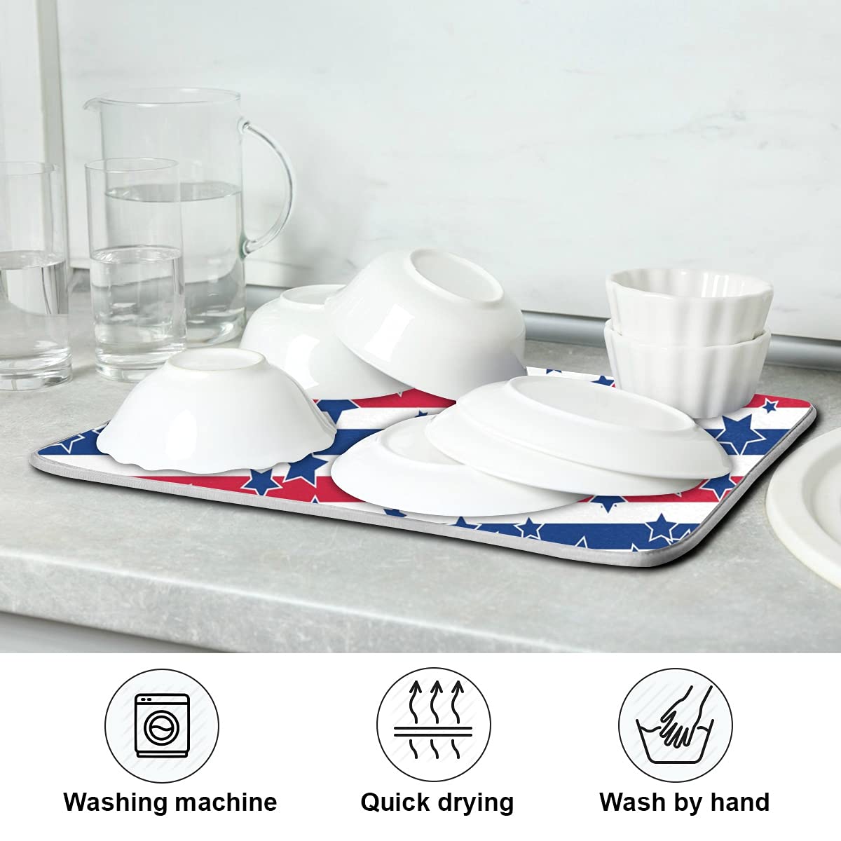 Dish Drying Mat American Stars And Stripes Kitchen Counter Mat Dishes Pad Dish Mats for Drying 4th Of July, Reversible, Super Absorbent 18x24