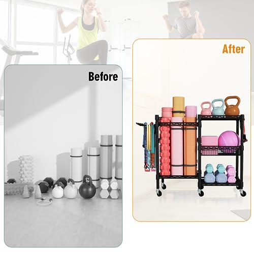 FUTASSI Home Gym Storage, Rolling Yoga Mat Storage and Organizer, Sports Equipment Storage Rack for Yoga Mats, Dumbbells, Kettlebells, Foam Rollers, Resistance Bands, 11.8"D x 36"W x 32.5"H, Black