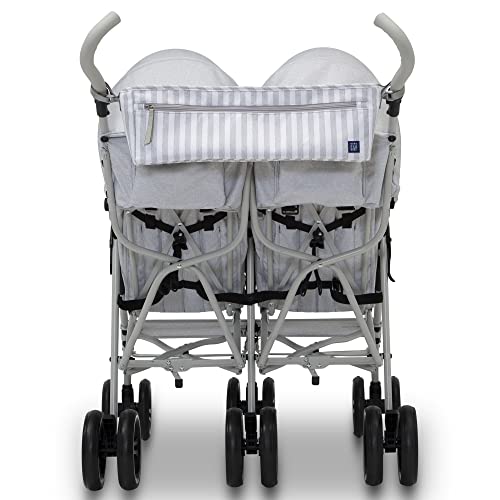 GAP babyGap Classic Side-by-Side Double Stroller - Lightweight Double Stroller with Recline, Extendable Sun Visors & Compact Fold - Made with Sustainable Materials, Grey Stripes