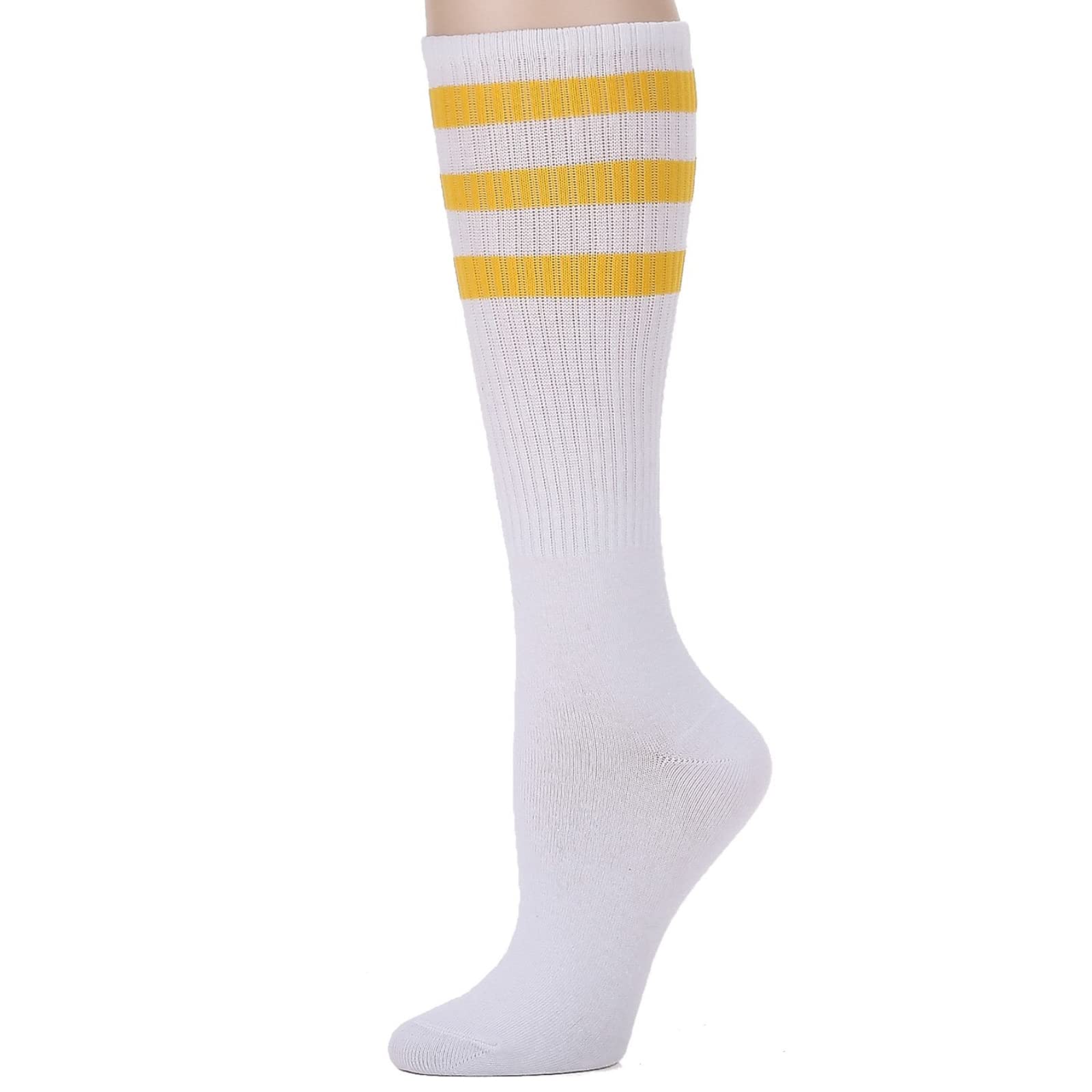 CICEYET Classic Triple Stripes Socks Halloween Cotton Knee High Tube Socks Skating Athletic Sport Socks for Men Women (White/Yellow)