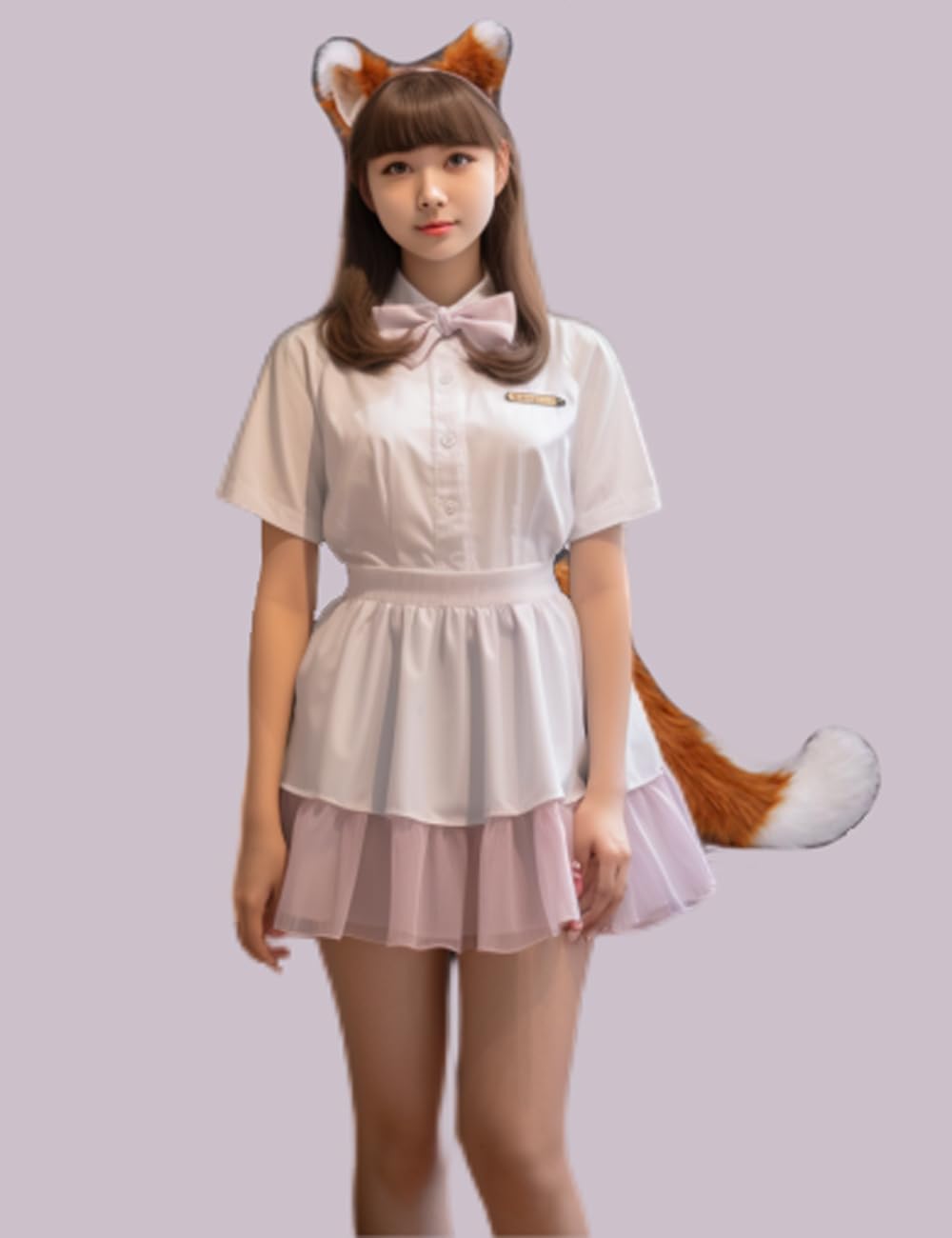 BSTANG Anime Party Cat Cosplay Costume Cat Ears Tail 19.7'' Fox Tail Cos Children Gift (Tan White Tail Hairband Set)
