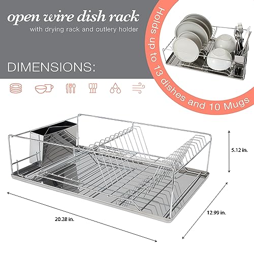 Kitchen Details 3 Piece Dish Rack | Drain Tray | Cutlery Holder | Countertop | Organizer | Holds 13 Dishes | Chrome