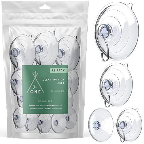 J-One Suction Cups with Hooks, 12 pcs Upgraded Window Suction Cups with Hooks Upgraded PVC Suction Cup with Stainless Steel Hook Removable, 4 Sizes Large Medium, Small Suction Cups with Hooks