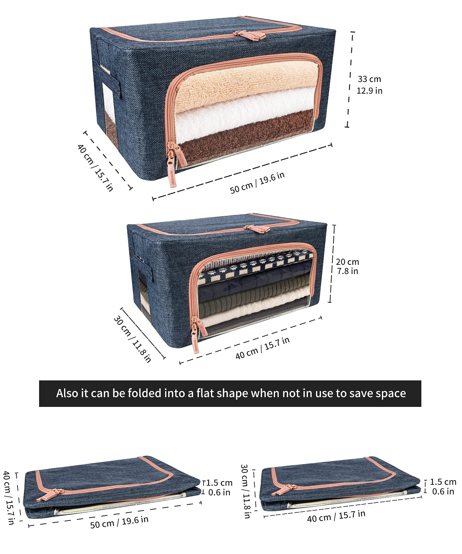 Pranski 2-PACK Clothes Storage Bins Box, Linen Fabric Foldable Cloth Container with Clear Window & Carry Handles Metal Steel Frame - Large Capacity for Closet, Blankets, Toys, Books (Blue, 22L)