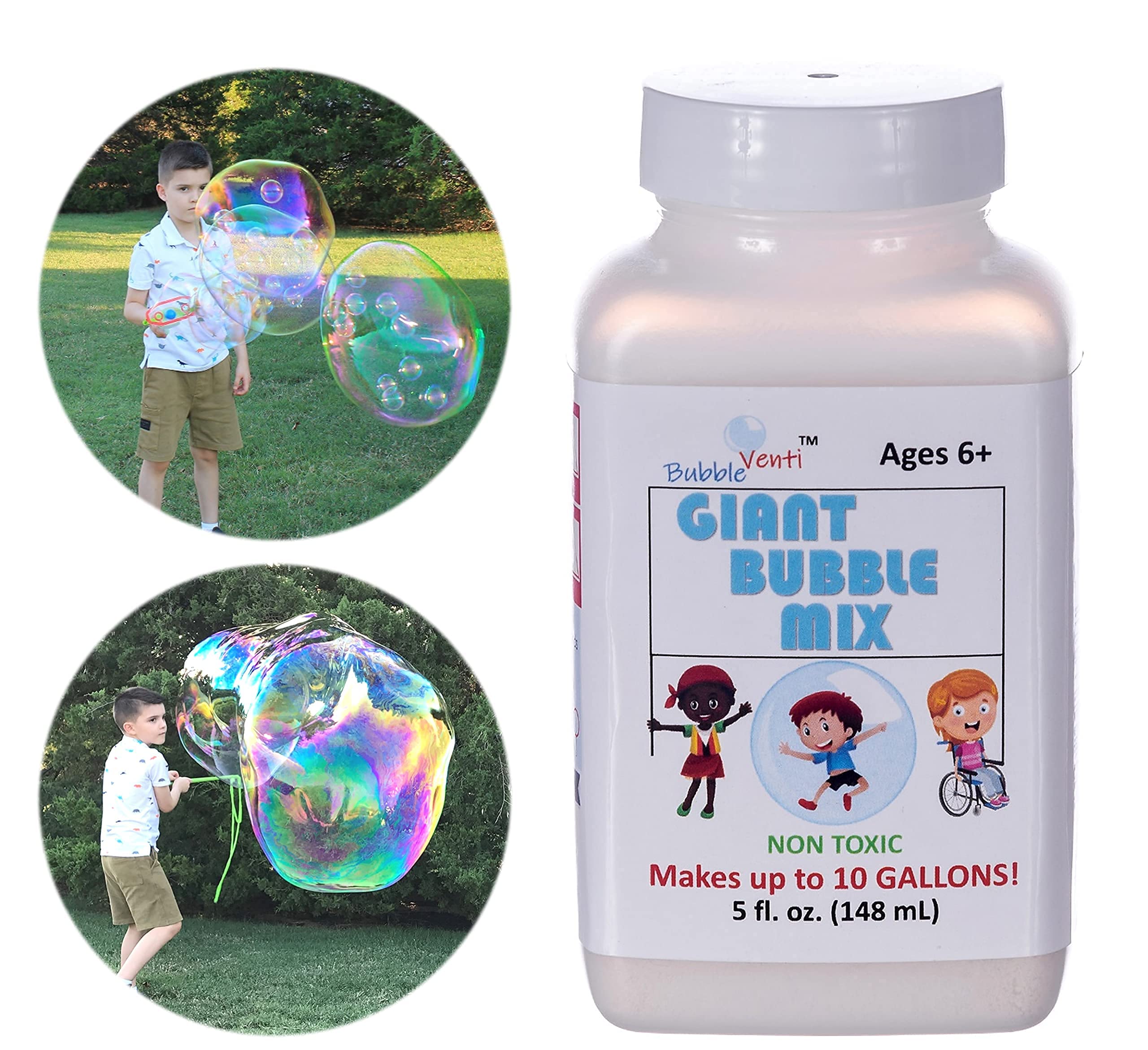 Bubbleventi Giant Bubble Mix | Made in USA |100% Vegan Non-Toxic Powder Makes 10 Gallons of Premium, Big Bubble Solution for kids’ STEM fun | Use in Bubble Wands + Machines