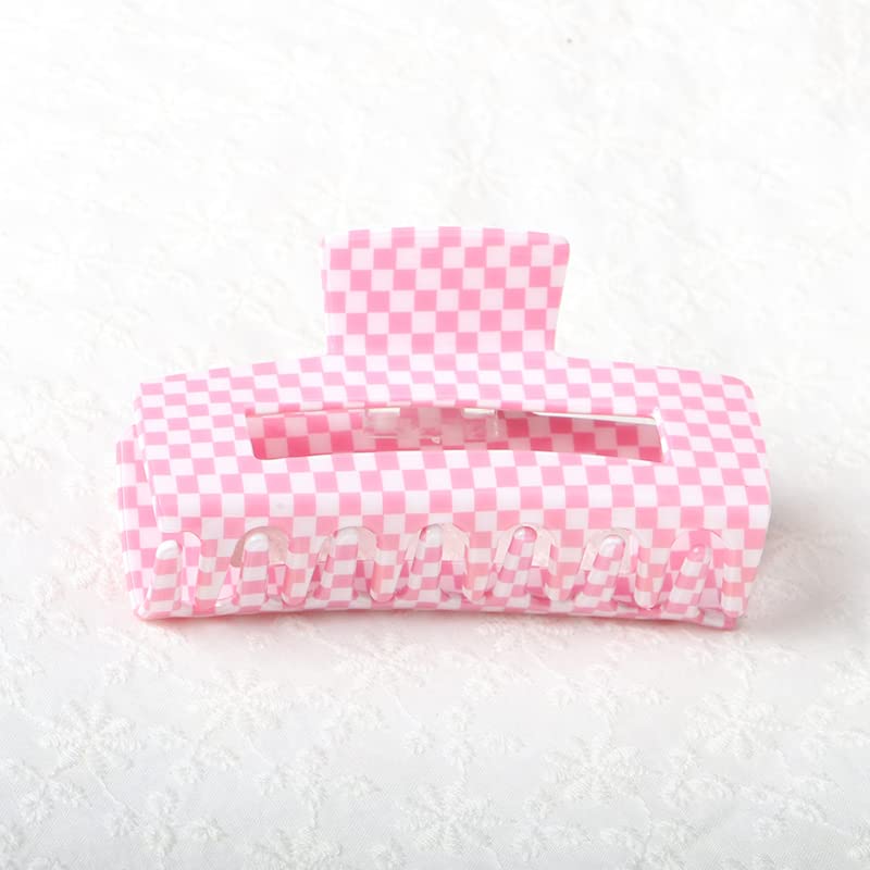 Checkered Hair Claw Clips,Pack of 1,Vintage Checkered Claw Clips Cellulose Acetate Banana Clips,Nonslip Banana Hair Clamp for Women Girls (Pink,L)