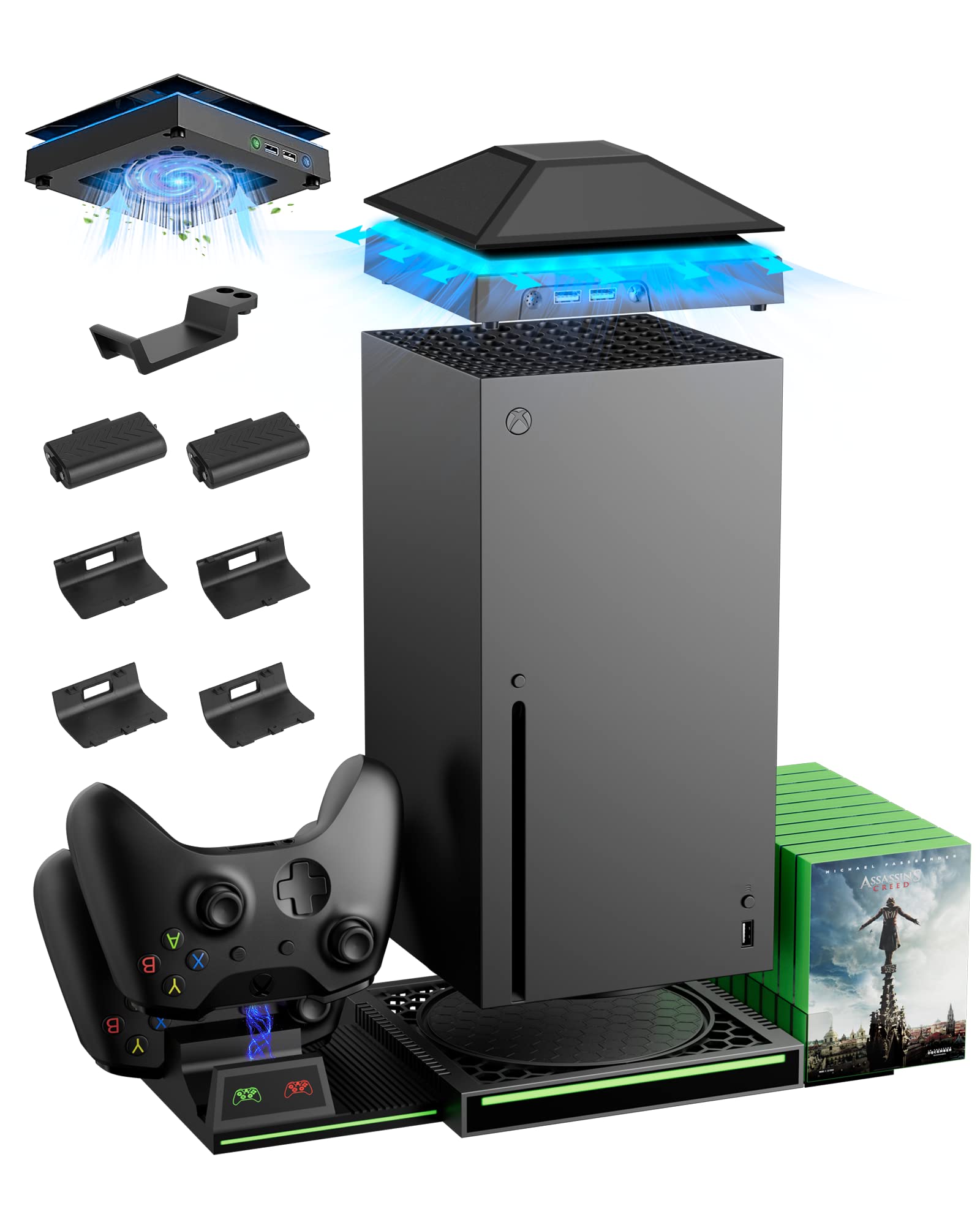 Cooling Fan and Stand for Xbox Series X, Wiilkac 3 Levels Adjustable Speed Cooler Fan, 10Games Slots Holder & Headphone Hook, Dual Controller Charging Dock, 2 Rechargeable Battery Packs
