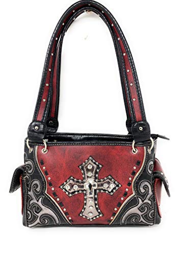 Premium Rhinestone Cross Cut Out Western Embroidered Womens Concealed Carry Handbag With Matching Wallet in 5 colors (Red)
