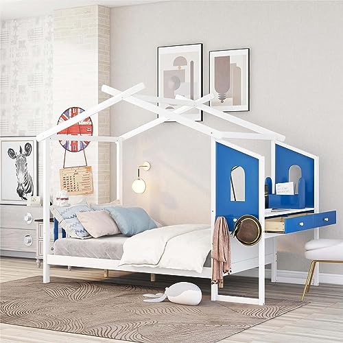 Heliosphere Full Size Platform Bed Frame with Built-in Desk and 2 Drawers, Storage Bed Frame with Separate Storage Pen Case, House Shaped Platform Bed, Solid Wood Bed Frame for Kids Teens Bedroom
