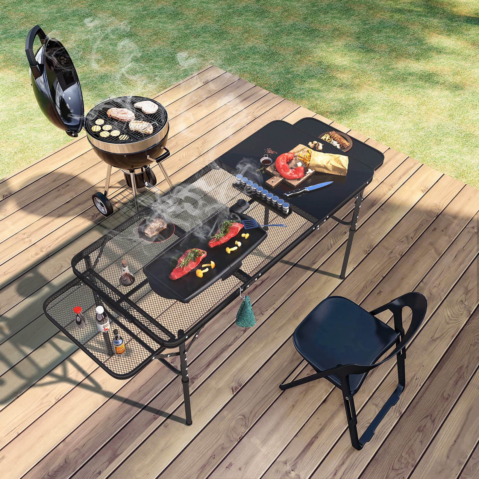 Coastrail Outdoor Camping Folding Grill Table Portable Lightweight Metal Grill Stand for Outdoor with Adjustable Height, 4 Feet, Black