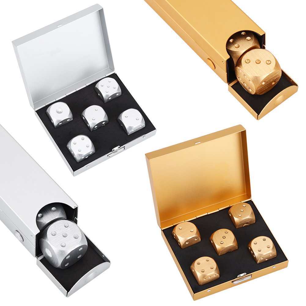 Precision Aluminum Alloy Dice Solid Metal Dice Set Table Game Dice Poker Games Dices Set with Case 5pcs (Gold Square Box) Black and Gold dice