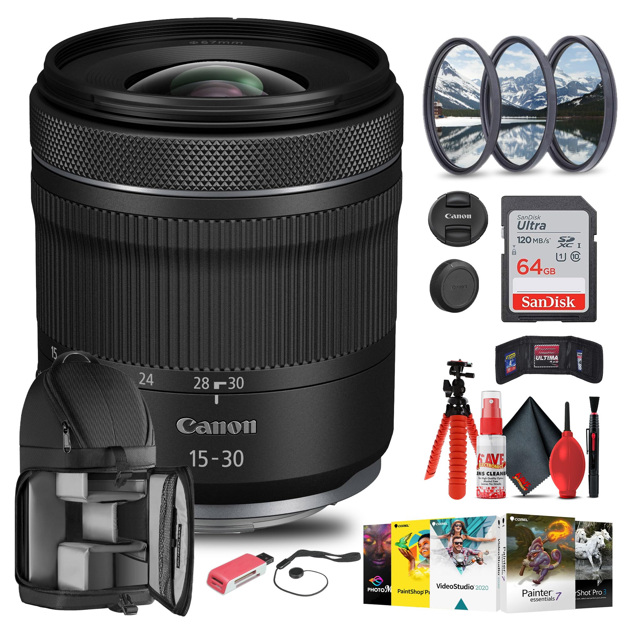 Canon RF 15-30mm f/4.5-6.3 is STM Lens with 64GB Extreme Pro Card + Corel Photo Software + Flexible Tripod + Filter kit + Card Wallet + Backpack + Cleaning Kit + Card Reader + Cap Keeper (Renewed)