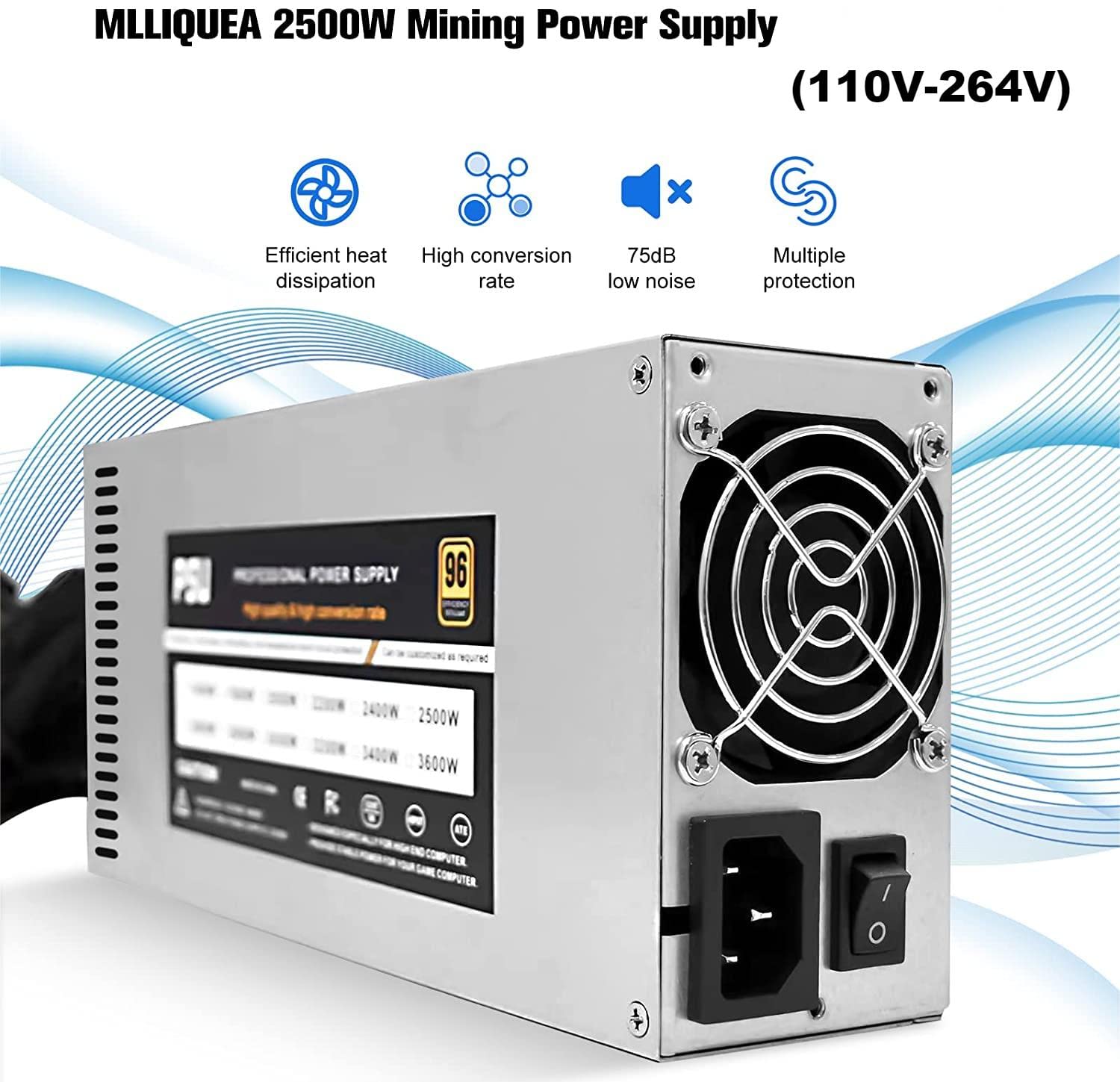 MLLIQUEA 2500W Long-line Mining Power Supply, 2U Mining Power Supply for 8 GPU BTC/ETH Rig Miner Machine, 110V-264V PSU with 12000 RPM Violent Fan