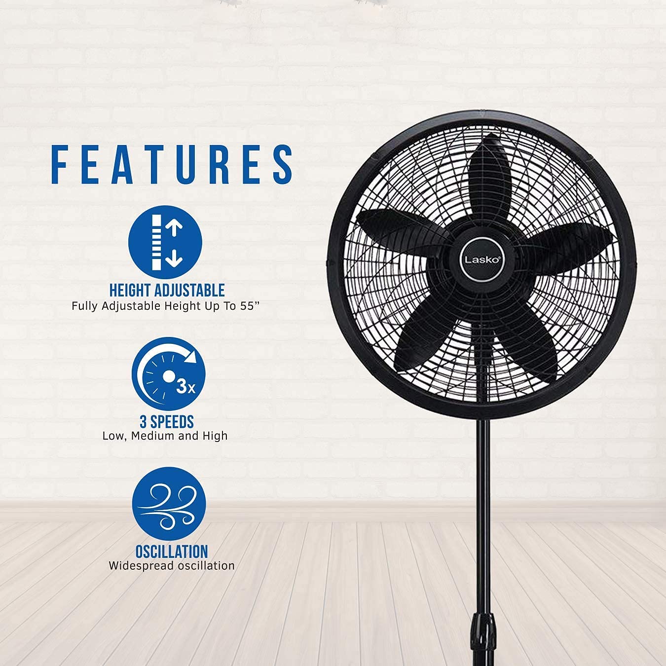 Lasko 18 in. Adjustable Elegance and Performance Pedestal Fan, Black 18"/Black