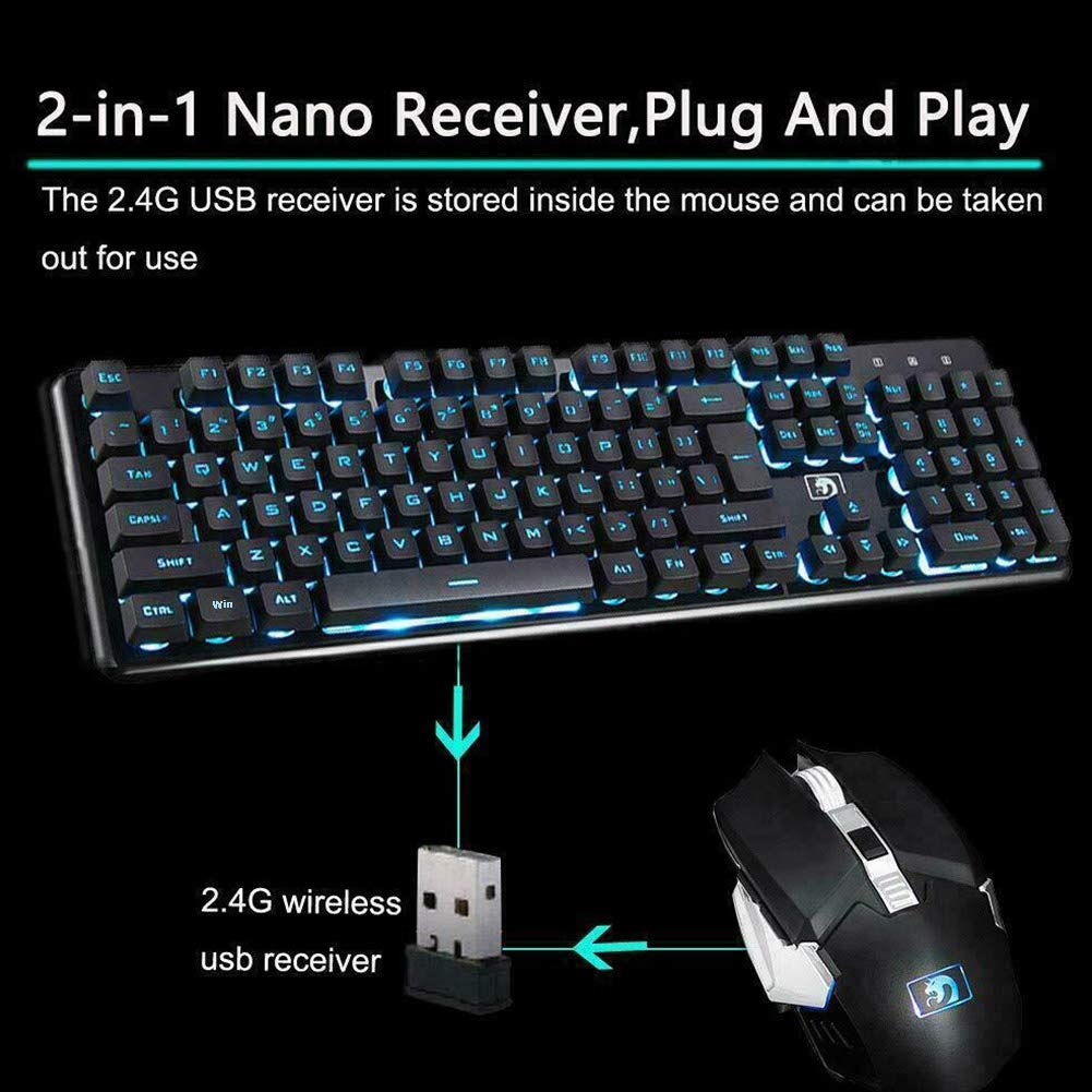 Soke-Six Wireless Rechargeable Backlit Keyboard and Mouse Combo, 2.4G Full-Size Mechanical Feel Gaming Keyboards with USB 2400DPl Mice,Adjustable Breathing Lamp,Anti-Ghosting (Black& Blue Light)