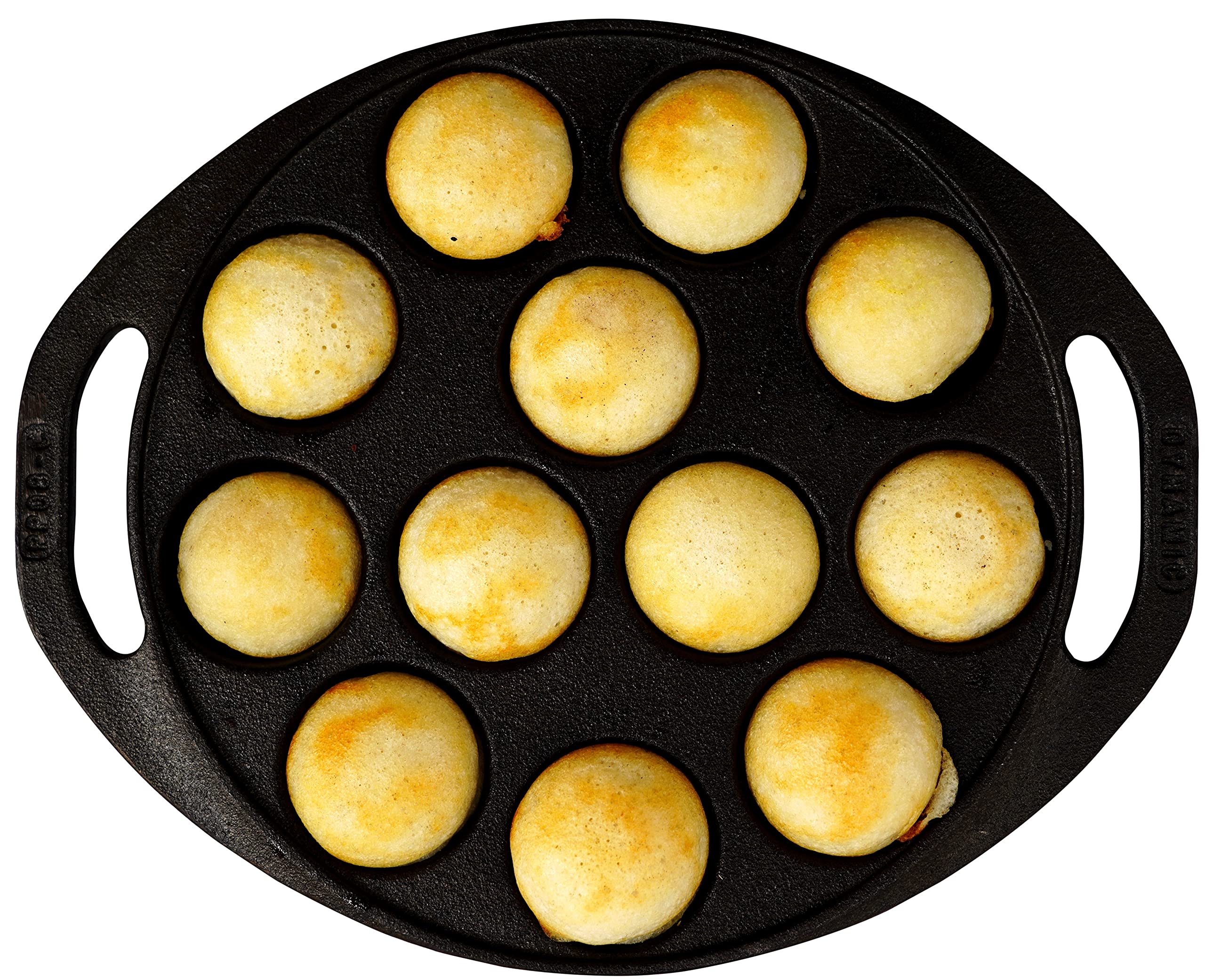 DYNAMIC COOKWARES, Mini Paniyaram pan Cast Iron Flat Bottom Tawa 8 Inch 12 Cavity, Go's Best with Gas, Induction Base, and Electrical Cook top