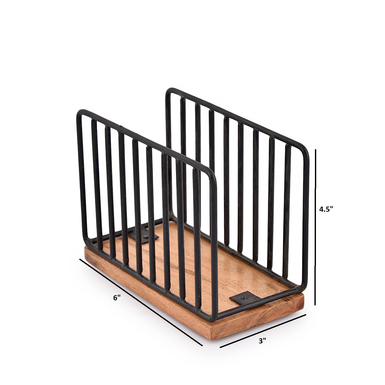 EDHAS Black Iron Wire Tabletop Upright Napkin Holder with Mango Wood Base for Kitchen Dinner Table, Countertop (6" x 3" x 4.5")