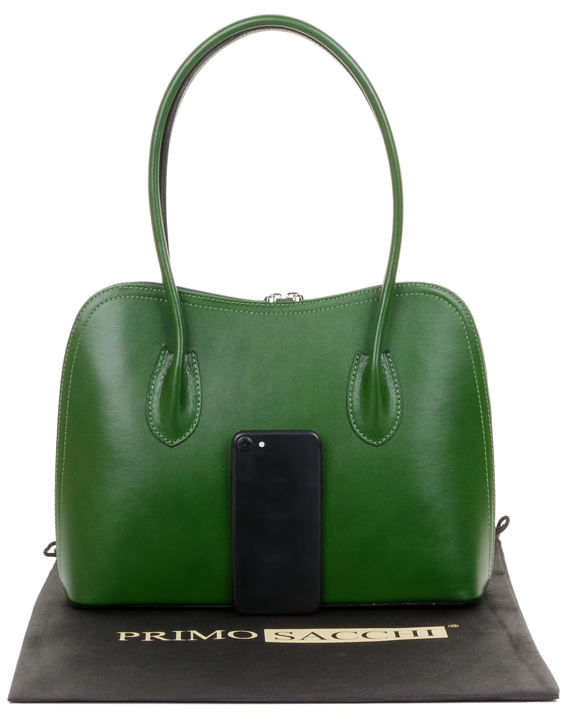 PRIMO SACCHI Italian Smooth Leather Green Classic Long Handled Handbag Tote Grab Bag Shoulder Bag