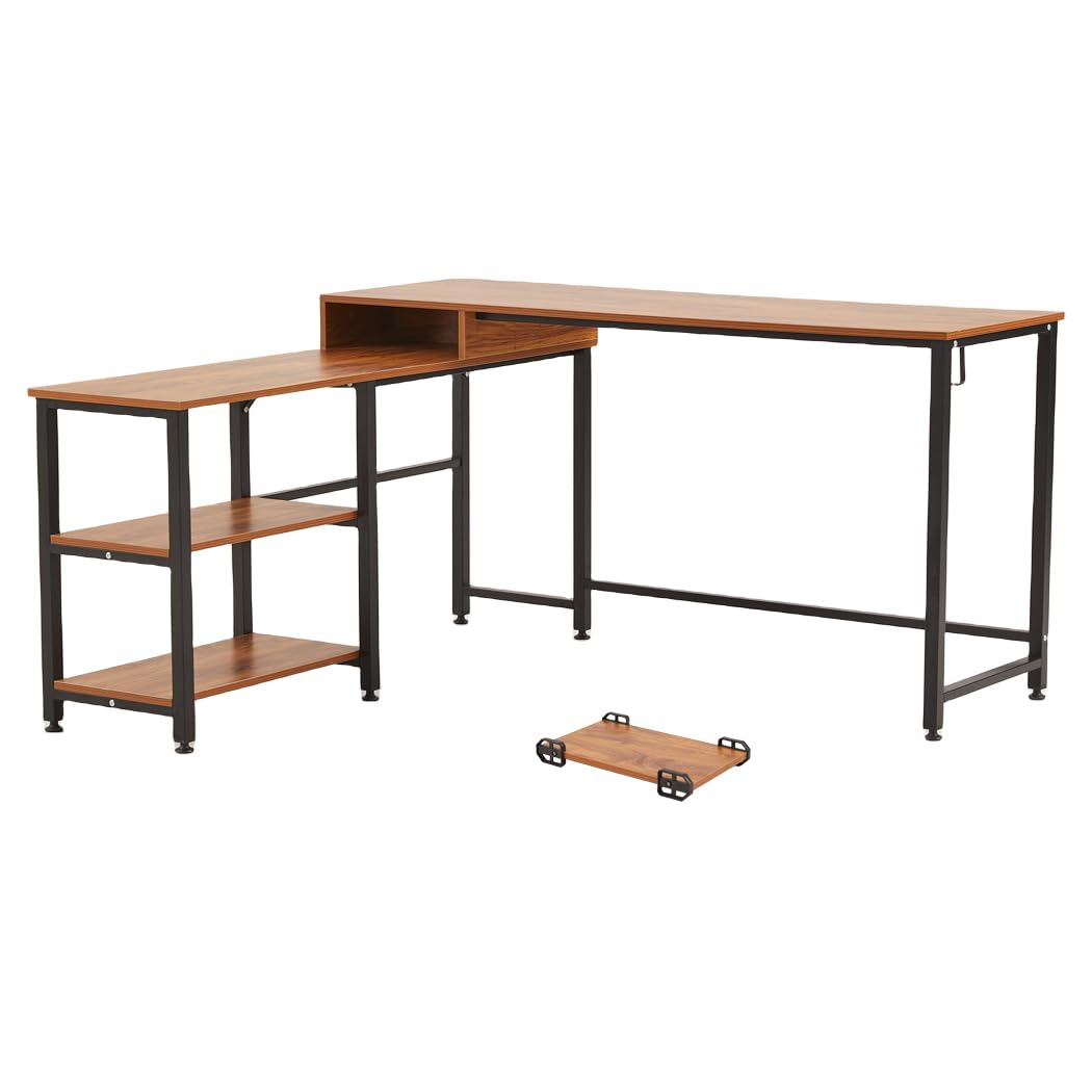 Generic L Shaped Gaming Desk with Earphone Hook, 50 Inch Computer Desk with Storage Shelf, Corner Desk for Small Space, Space-Saving Wooden Office Desk Workstation, Brown