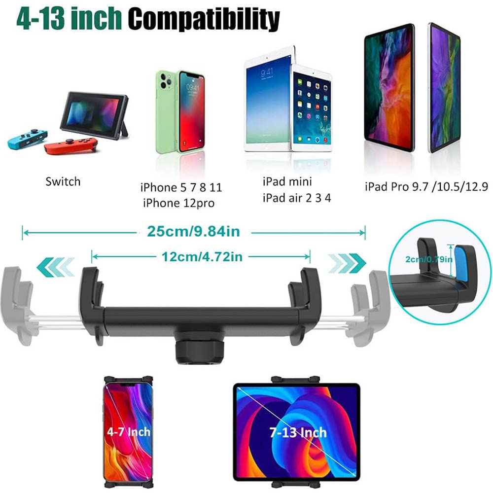 Cuxwill Car Headrest Tablet Holder Mount for 4-13'' Device, 32.7" Stretchable Aluminum Arm Between Back Seat Kids Stand for iPad Pro Air Mini, Galaxy Z Huawei Tab, Kindle Fire, MediaPad, Smartphone