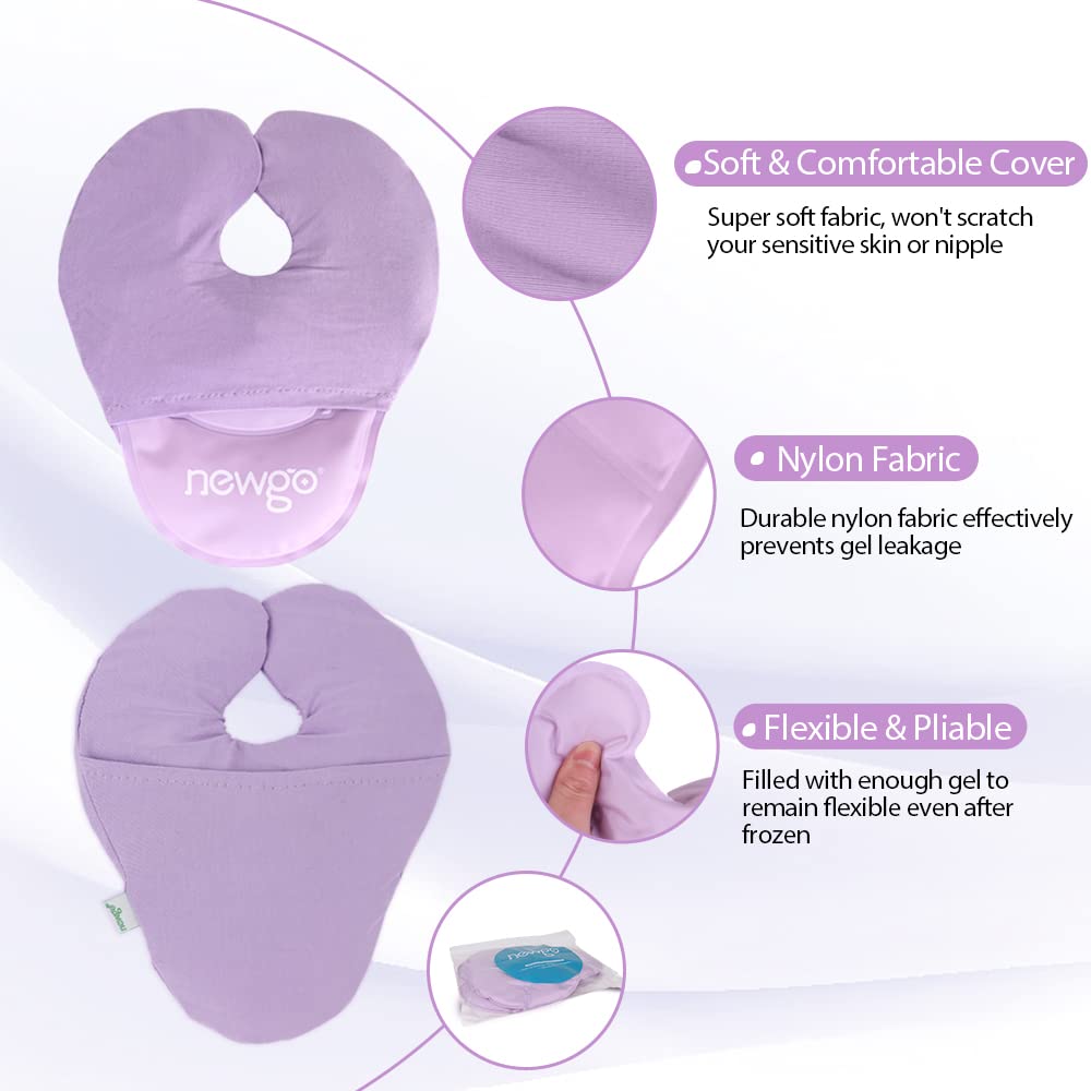 NEWGO Breast Ice Pack for Breast Surgery, 2 Pack Nipple Ice Packs Breastfeeding Ice Packs Reusable for Nursing Mother, Hot Cold Therapy Breast Gel Pack with Washable Cover(Purple)
