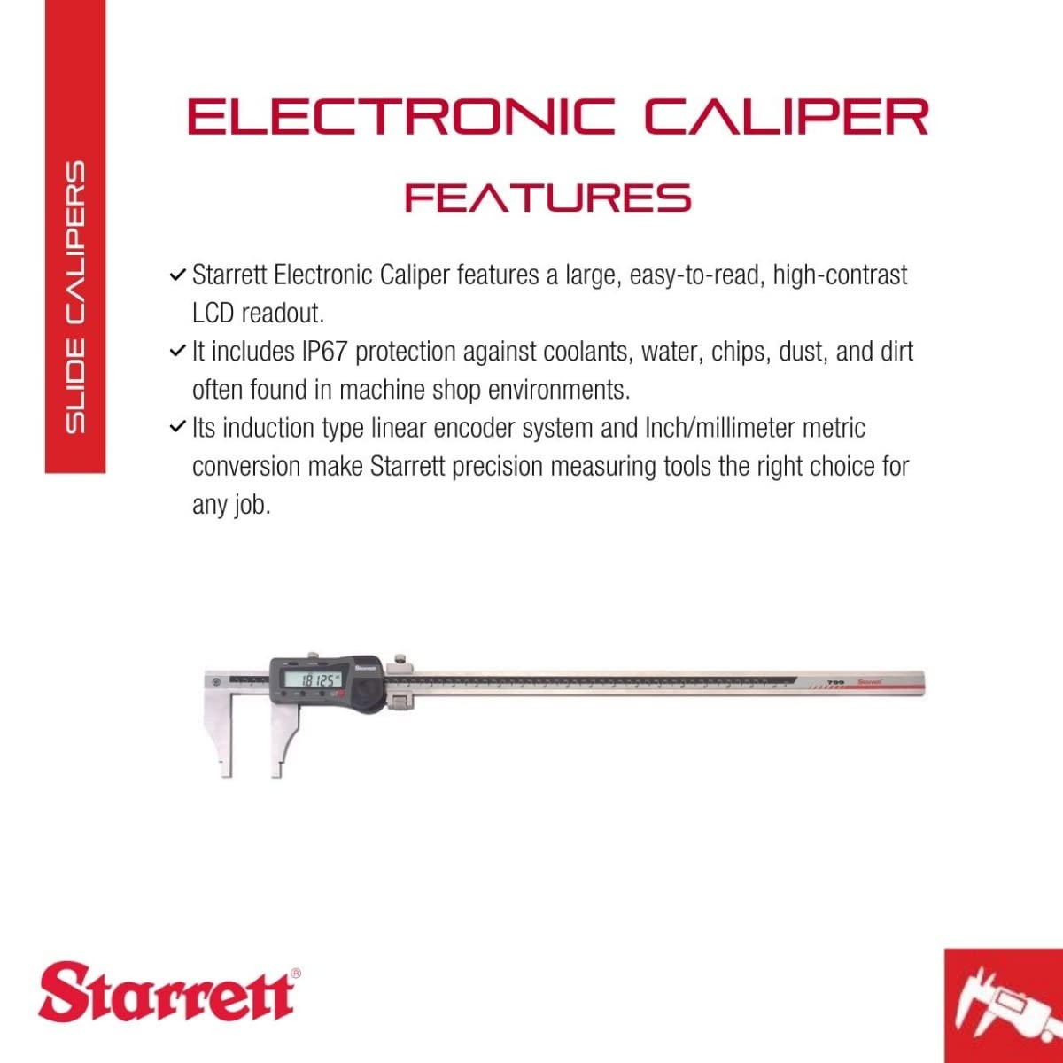 Starrett Stainless Steel Electronic Slide Caliper - 0-24" Range, .0005" Resolution, LCD Display, Fine Adjustment Thumb Wheel, In/mm Conversion - 799AZ-24/600
