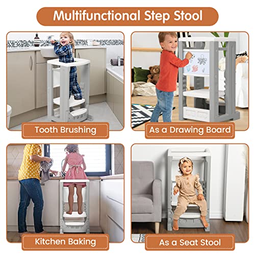 Toddler Tower Children Step Stool with 4 Adjustable Heights, Kitchen Helper Stool with Safety Rail, Learning Tower for Toddlers Kids with Whiteboard, Toddler Step Stool Helper, 1-6 Year Old Boy Girl