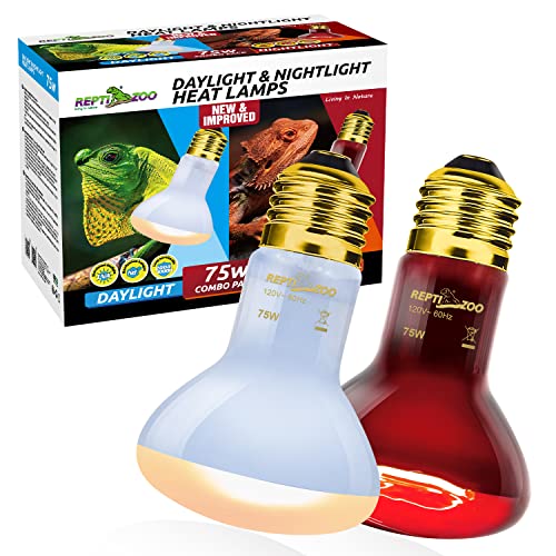 REPTIZOO 75W Reptile Heat Lamp Bulb 2PCS Day & Night Heat Lamp Combo Pack Include Nightlight Infrared Heat Emitter and UVA Daylight Heating Lamp